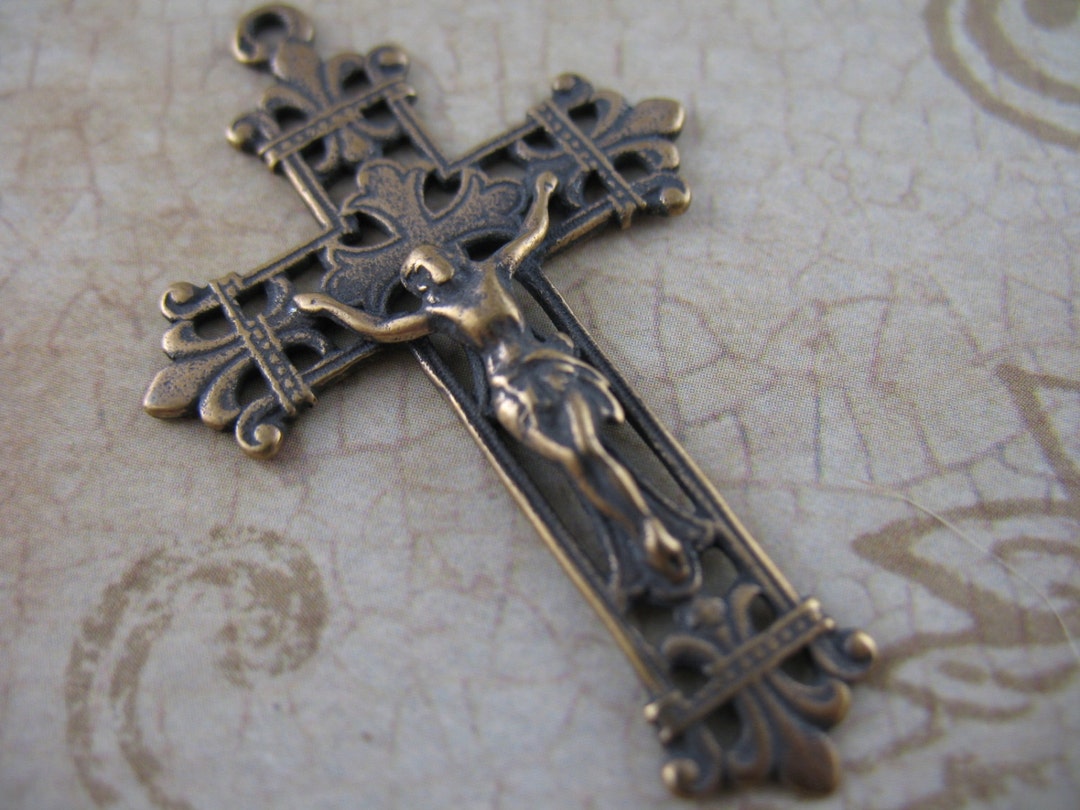 Solid Bronze Crucifix Rosary Parts Religious Charms Fleur De Lis ...