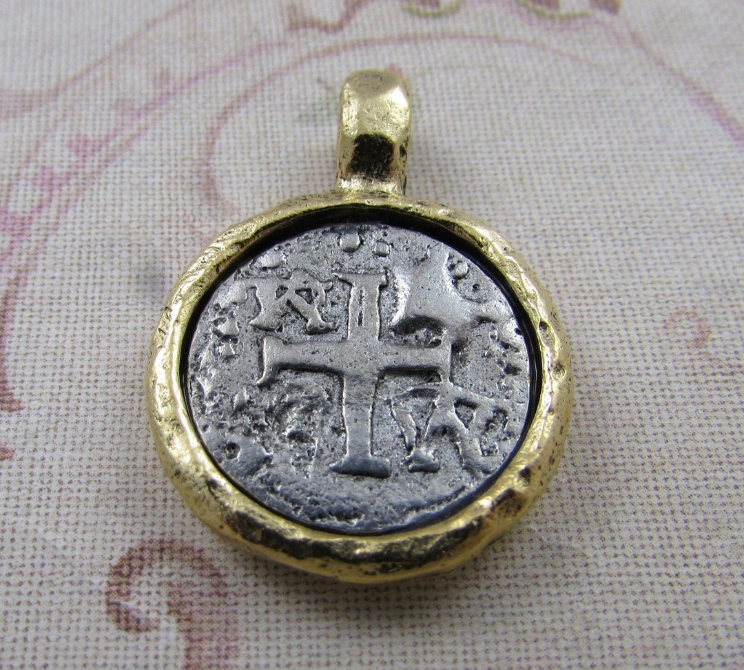 Cross Coin Charm Two Tone Bezel Pendant Religious Charms Ancient Coins ...