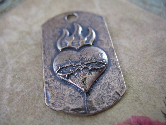 Religious Medal Dog Tag Sacred Heart and Flame Religious Charm | Etsy