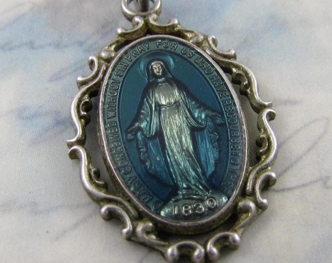 Vintage Sterling Silver Religious Medal Silver Miraculous Medal Blue ...
