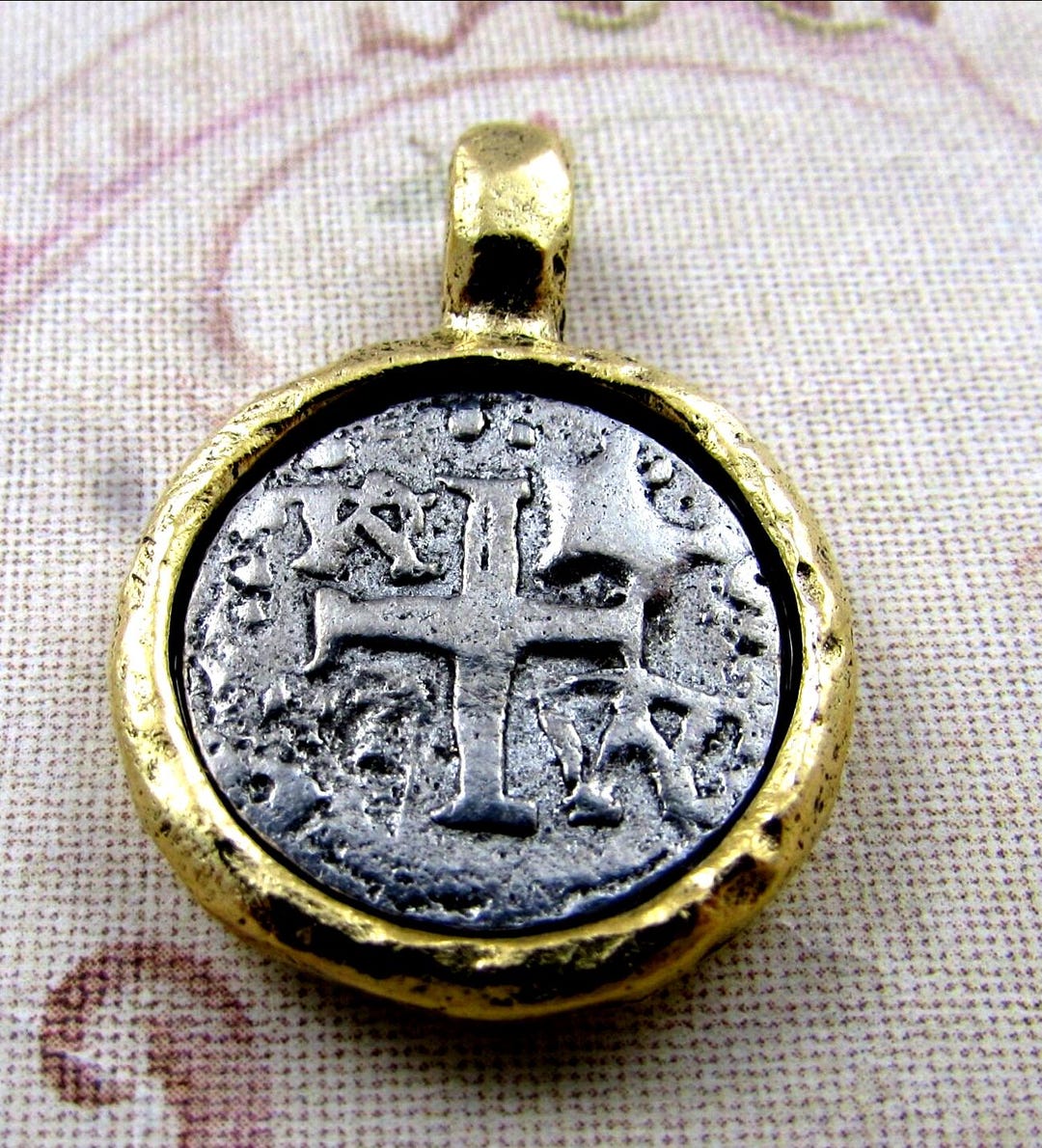 Cross Coin Charm Two Tone Bezel Pendant Religious Charms Ancient Coins ...
