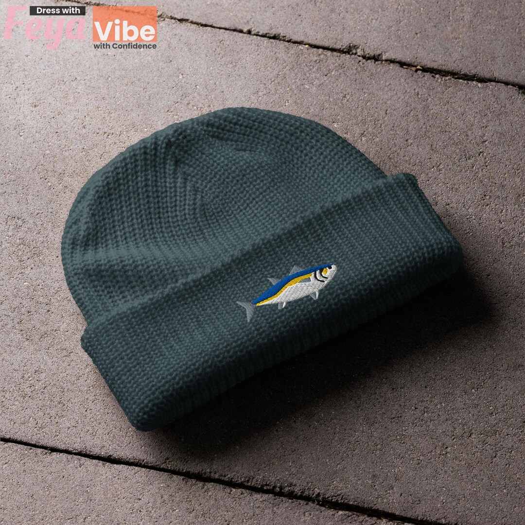Cute Yellowfin Tuna Beanie Hat - Fish & Fisherman Embroidered Hat, Deep ...