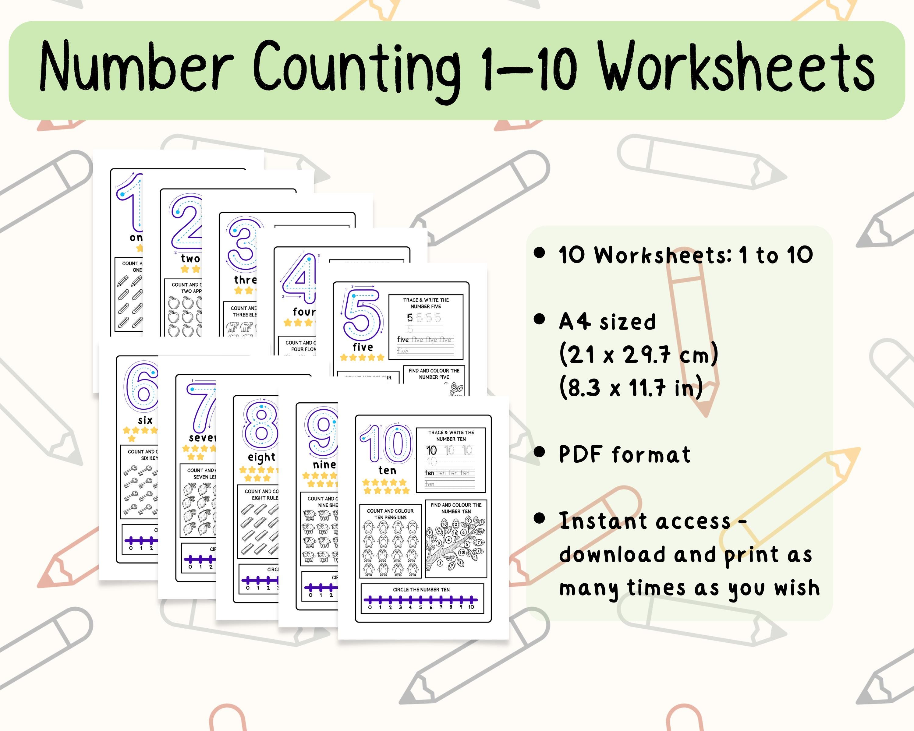 Counting Numbers 1-10 Worksheets, Printable Number Tracing Practice ...