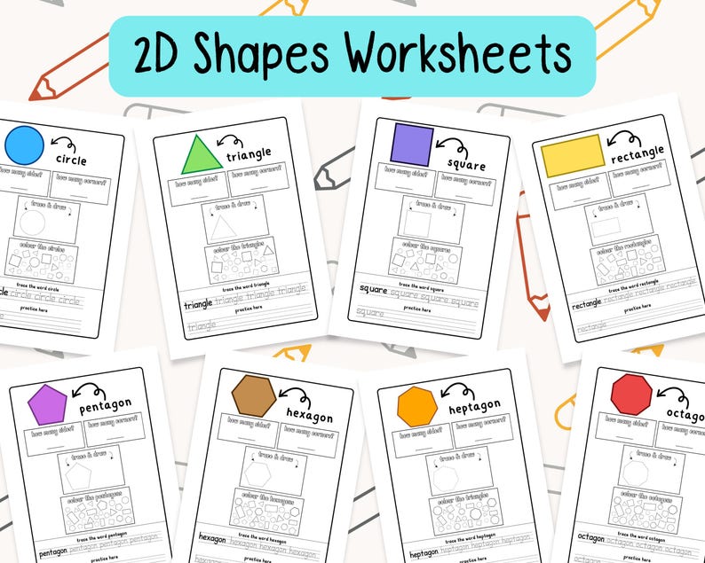 2D Shapes Worksheets, Printable Shape Tracing Colour Drawing Activities ...