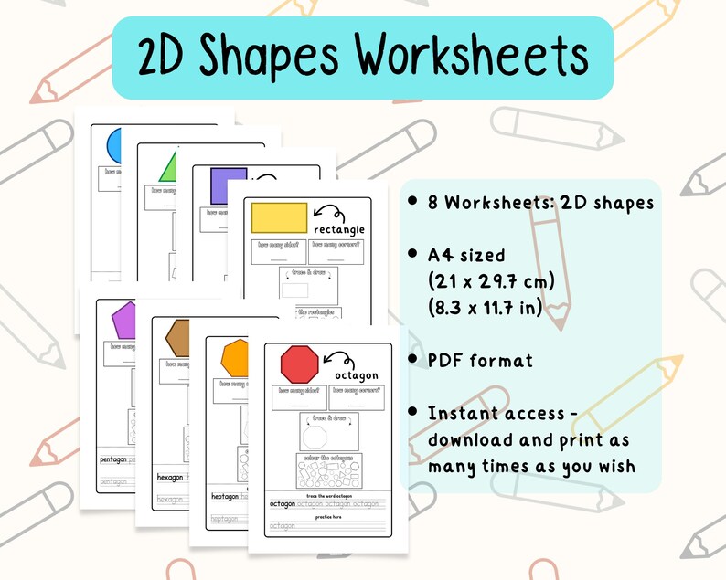 2D Shapes Worksheets, Printable Shape Tracing Colour Drawing Activities ...
