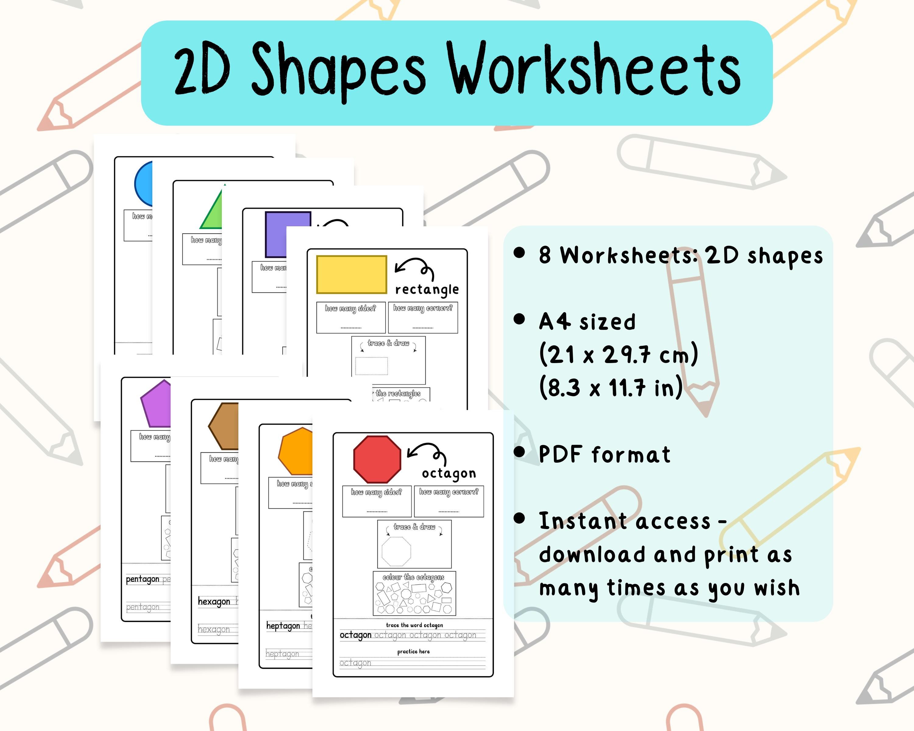 2D Shapes Worksheets, Printable Shape Tracing Colour Drawing Activities ...