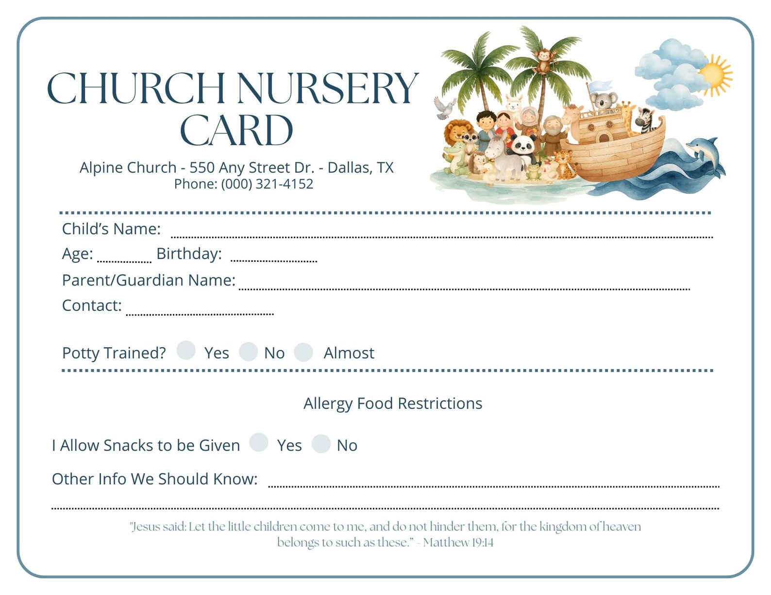 Church Nursery Card Template: Editable Sign-in Sheet (canva, Digital ...