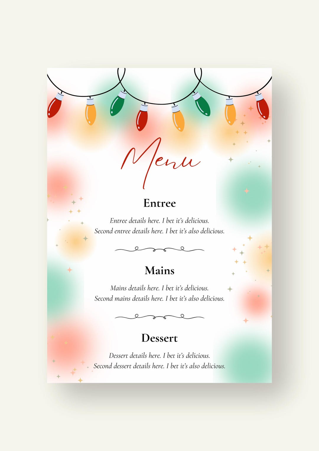 Editable Christmas Dinner Menu, Fairy Lights Theme (digital Download ...