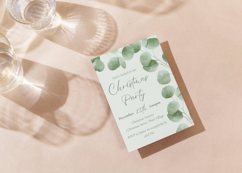 Editable Christmas Party Invitation, Watercolour Gum Leaf Theme, With ...