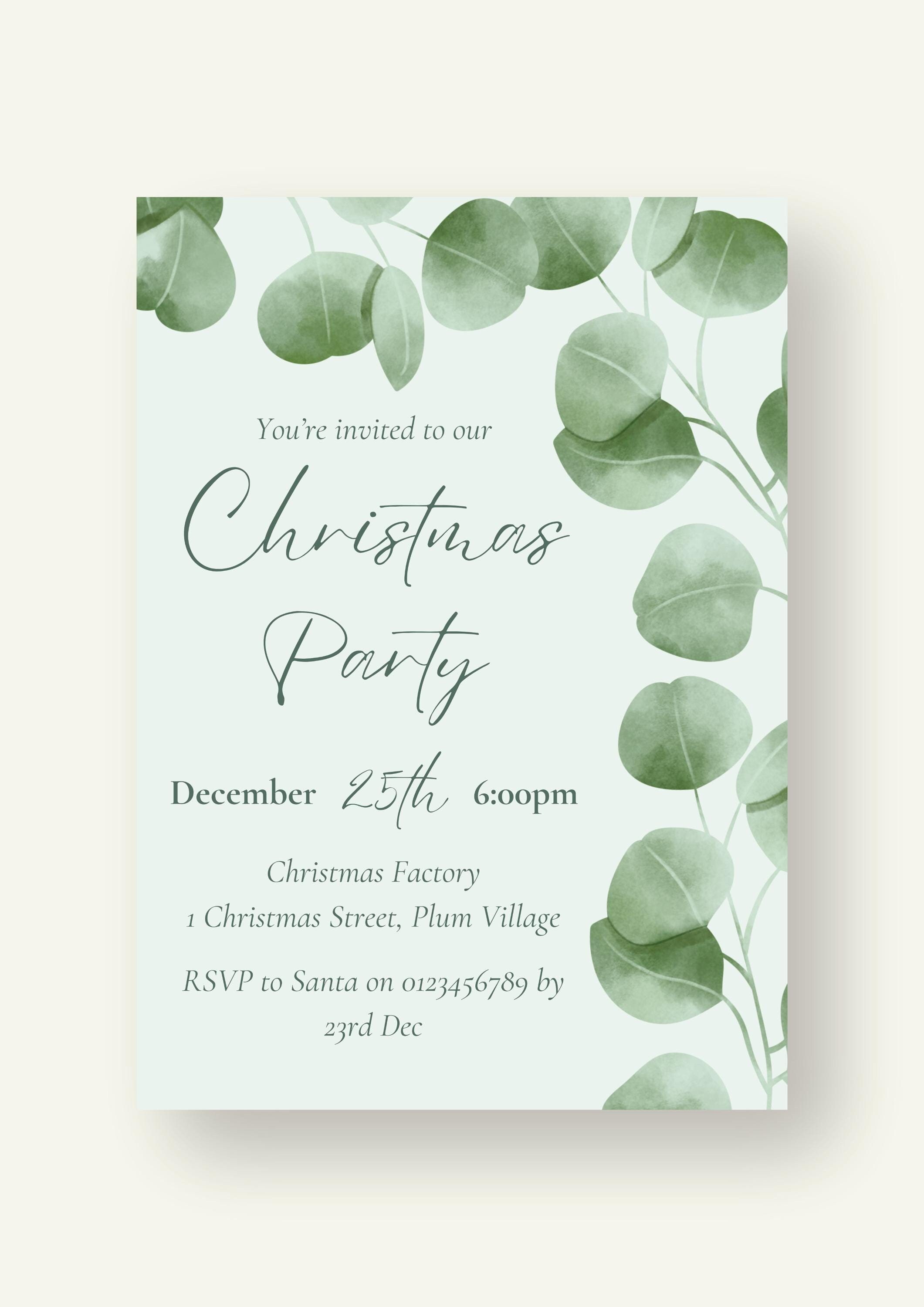 Editable Christmas Party Invitation, Watercolour Gum Leaf Theme, With ...