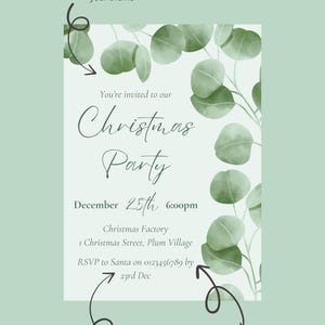 Editable Christmas Party Invitation, Watercolour Gum Leaf Theme, With ...