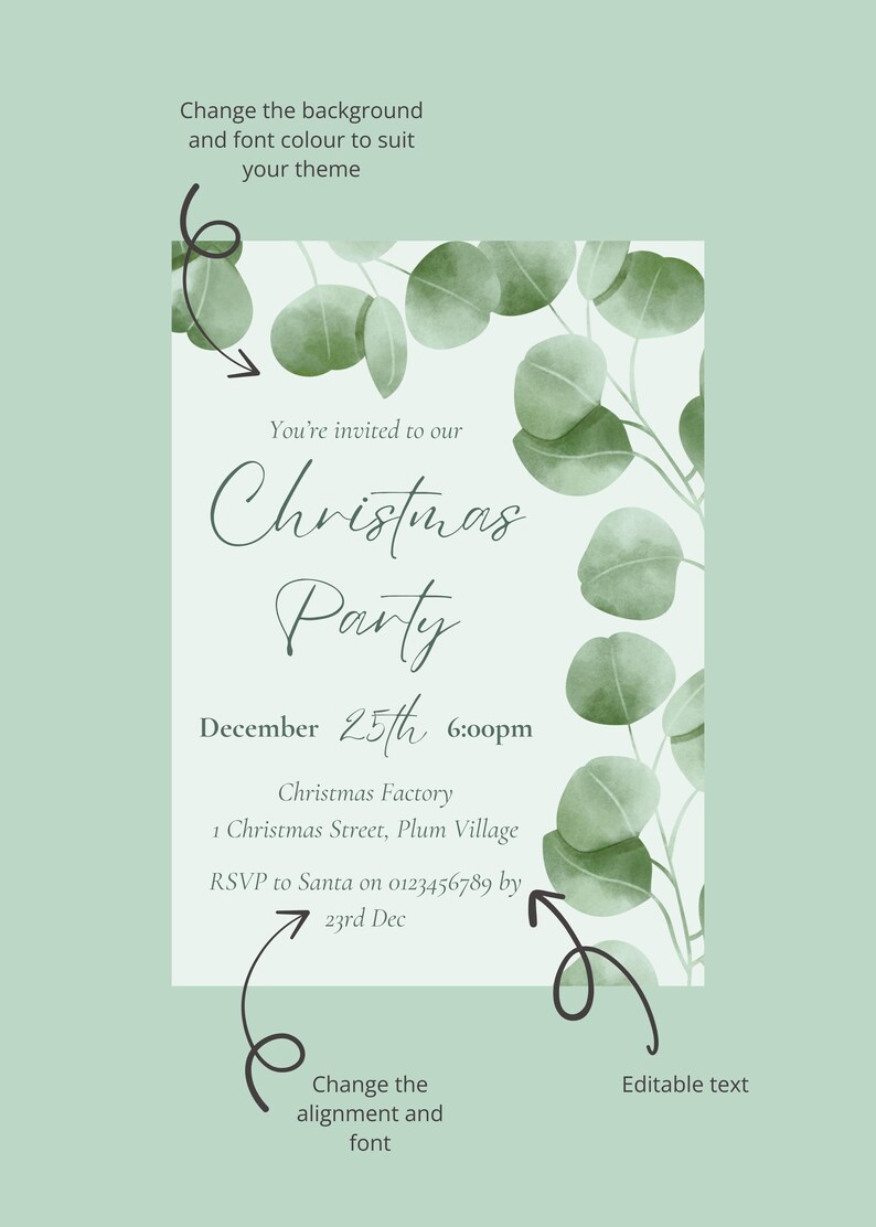 Editable Christmas Party Invitation, Watercolour Gum Leaf Theme, With ...