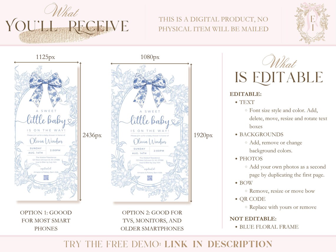 EDITABLE Blue Toile Baby Shower Invitation for Phone, Digital ...