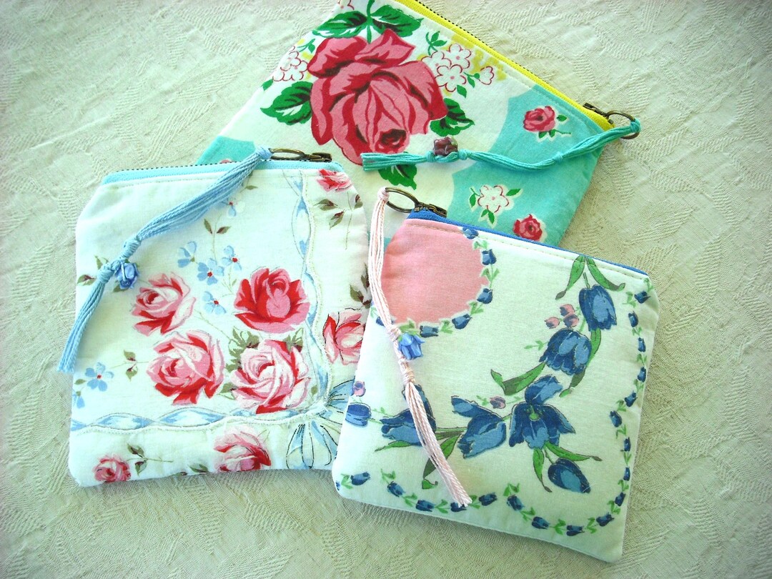 Real Vintage Handkerchief Bags / Small Zippered Cosmetic Bags / Vintage ...