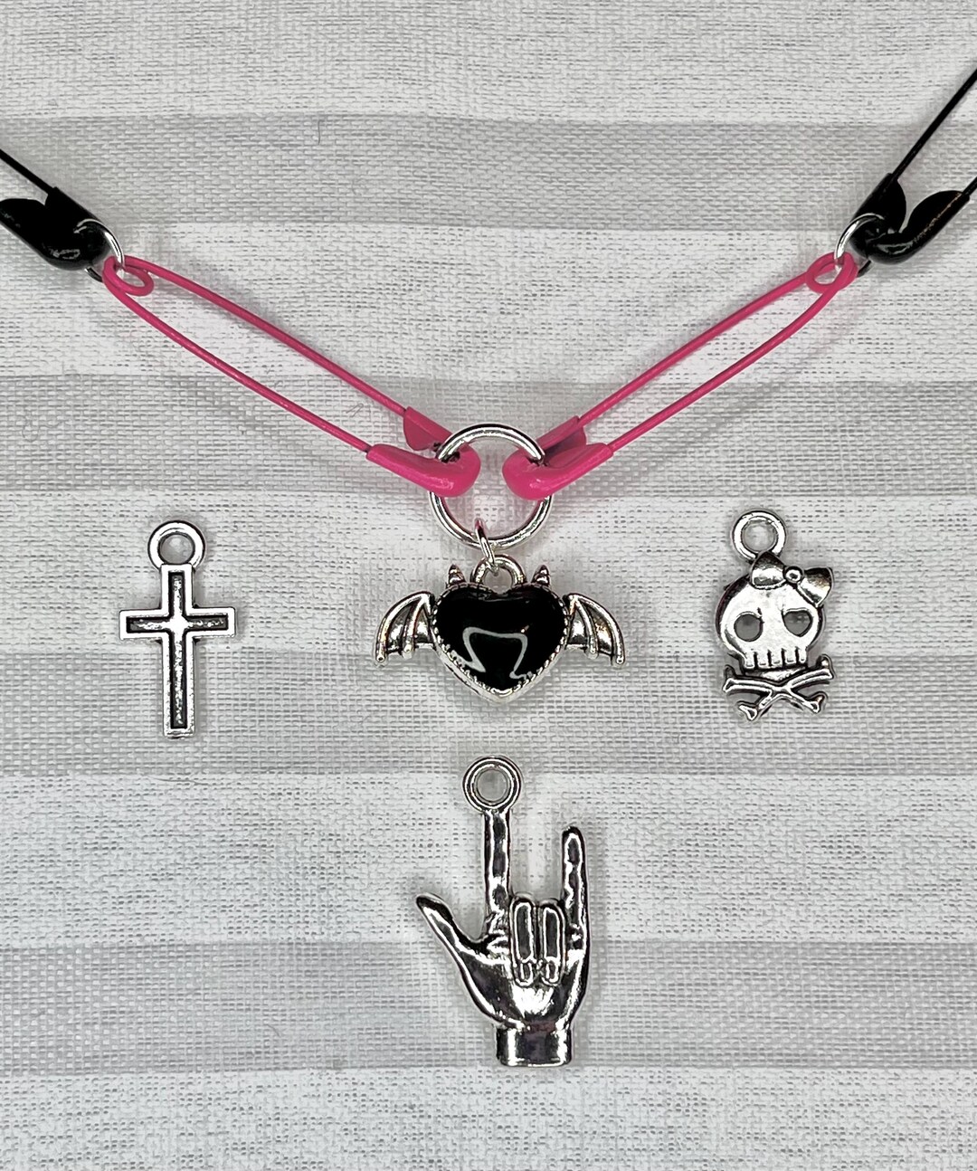 Pink and Black Safety Pin Chain Necklace, Choice of Charms, Punk Goth ...