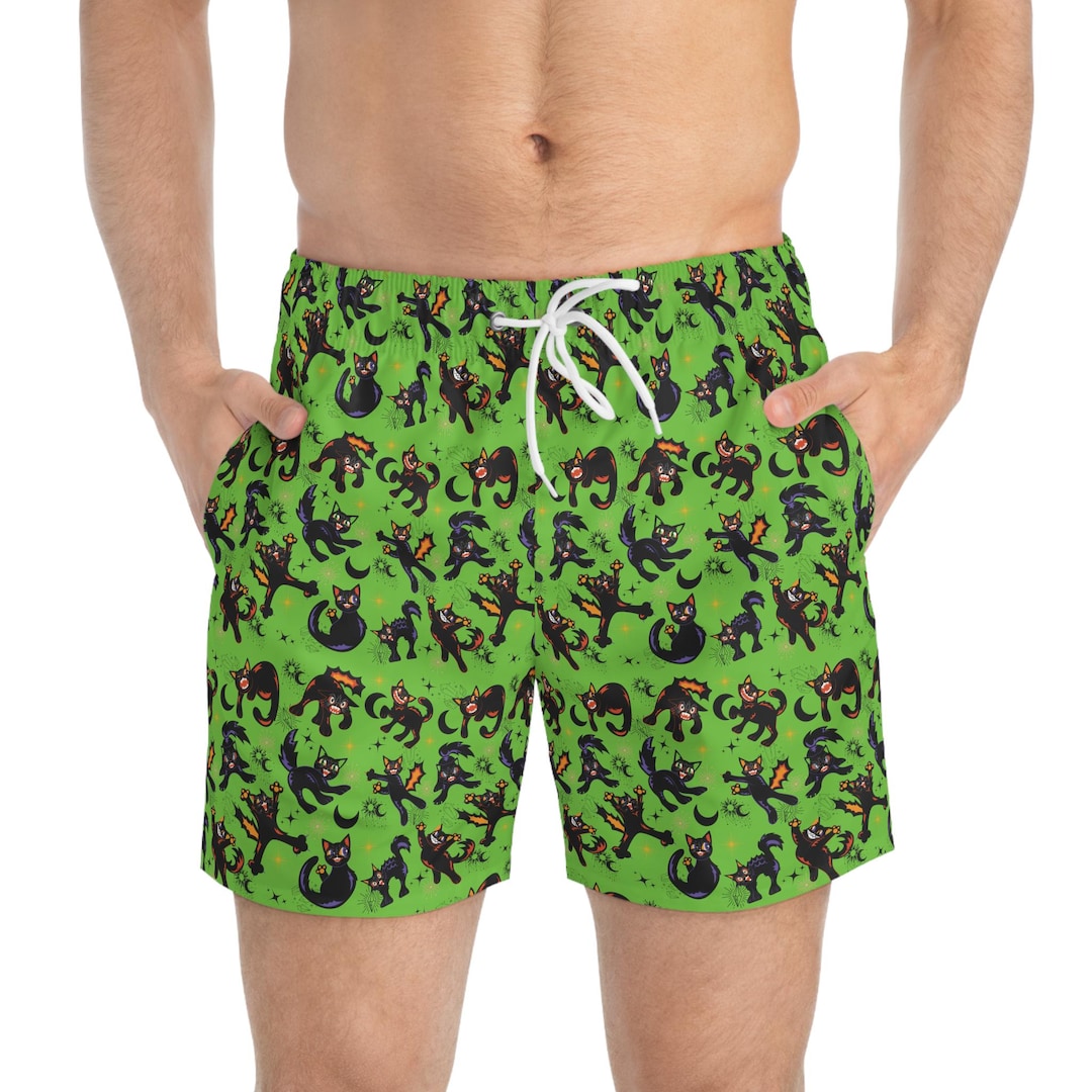 Vintage Green Halloween Cats Swim Trunks Retro Beach Shorts, Holiday ...