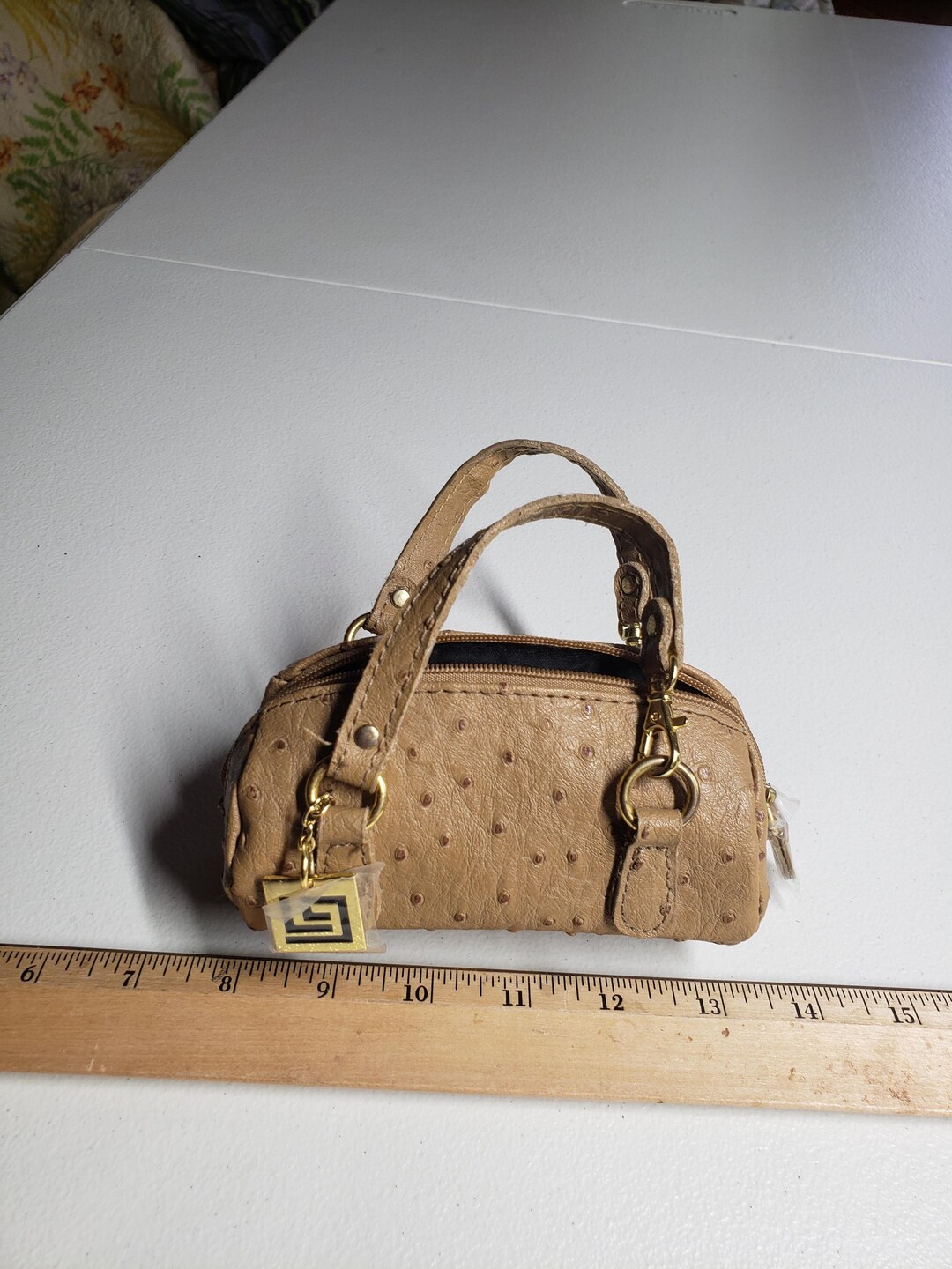 Mini Tan Faux Ostrich Leather Purse – Gold Hardware, Vintage-style ...