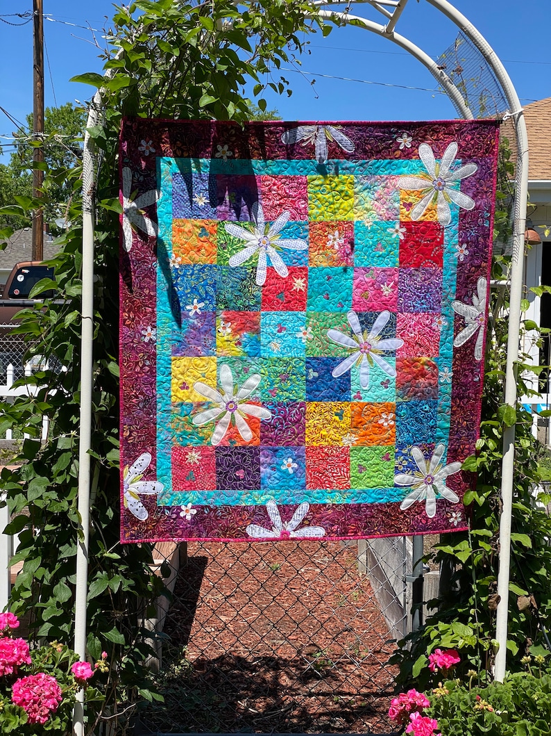 PAPER PATTERN the Quilted Garden Flowers Rainbow Orange Aqua Turquoise ...