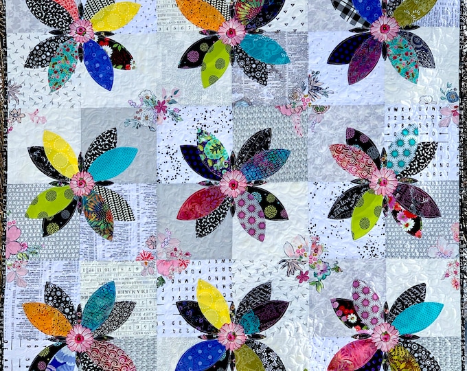 PDF Download PATTERN Crazy Eights Quilt Flower Scrappy Fabrics Black ...