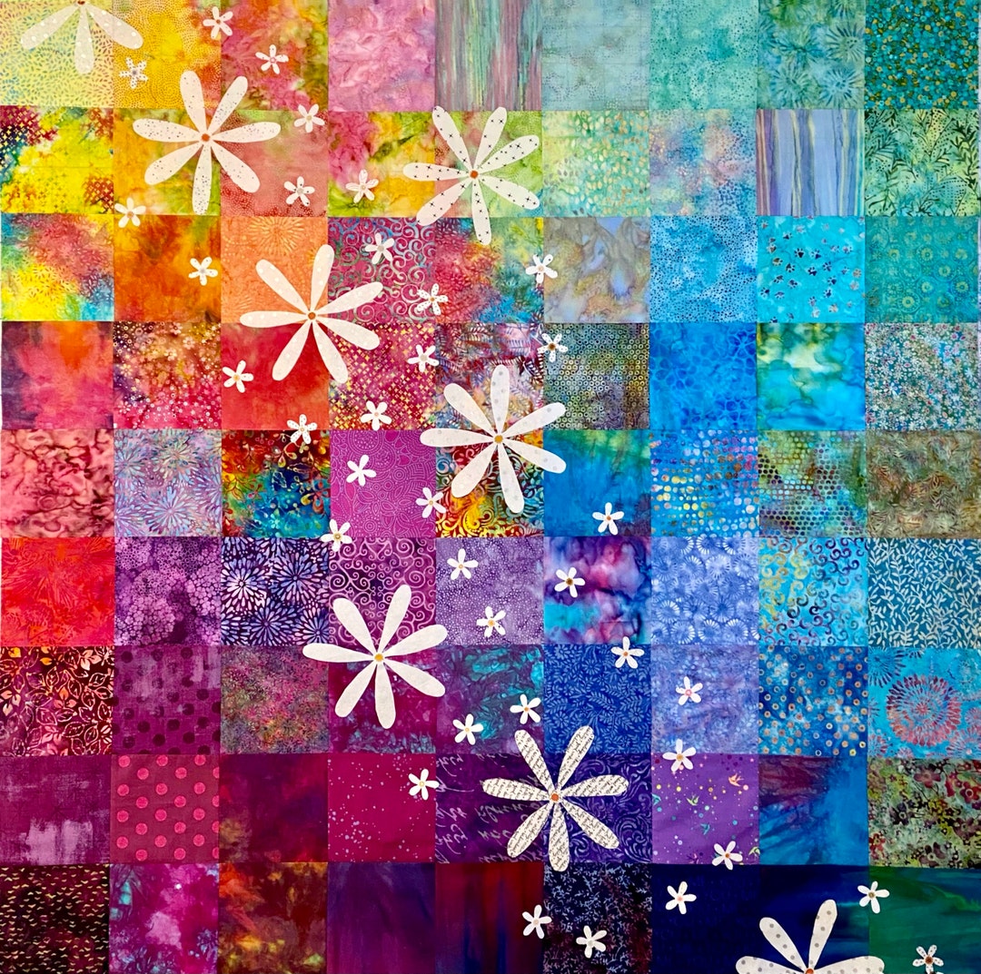 PAPER PATTERN the Quilted Garden Flowers Rainbow Orange Aqua Turquoise ...