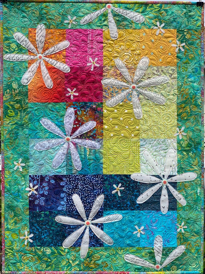 PAPER PATTERN the Quilted Garden Flowers Rainbow Orange Aqua Turquoise ...