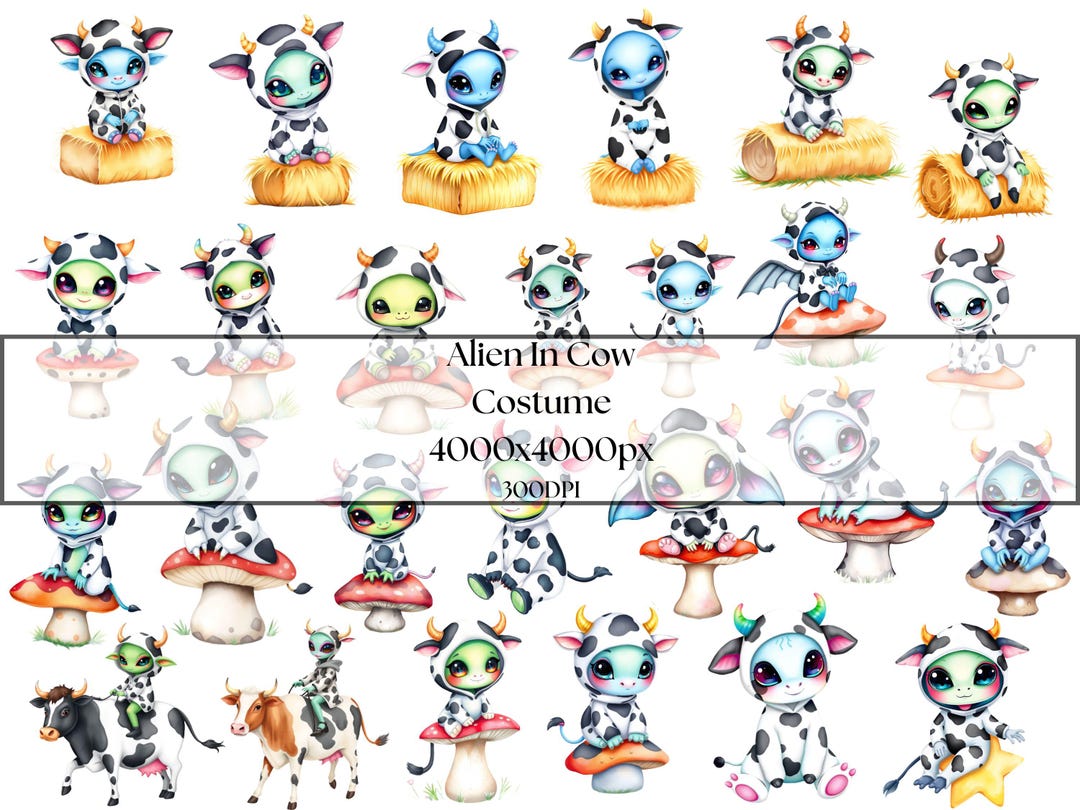 Watercolor Cute Aliens in Cow Costumes Clipart, 47 PNG, Cute Cows ...