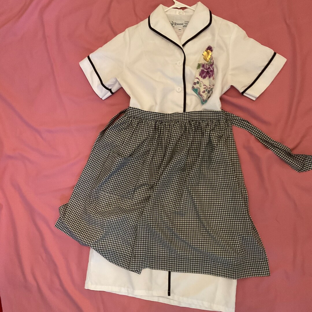 Diner Waitress 50-60s Flo Alice White Shirt Dress Uniform Check Apron ...