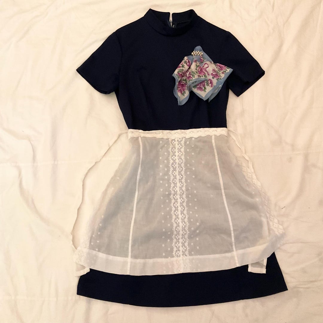 Restyled 50s Diner Waitress Costume Vintage Navy Poly Dress, Vintage ...