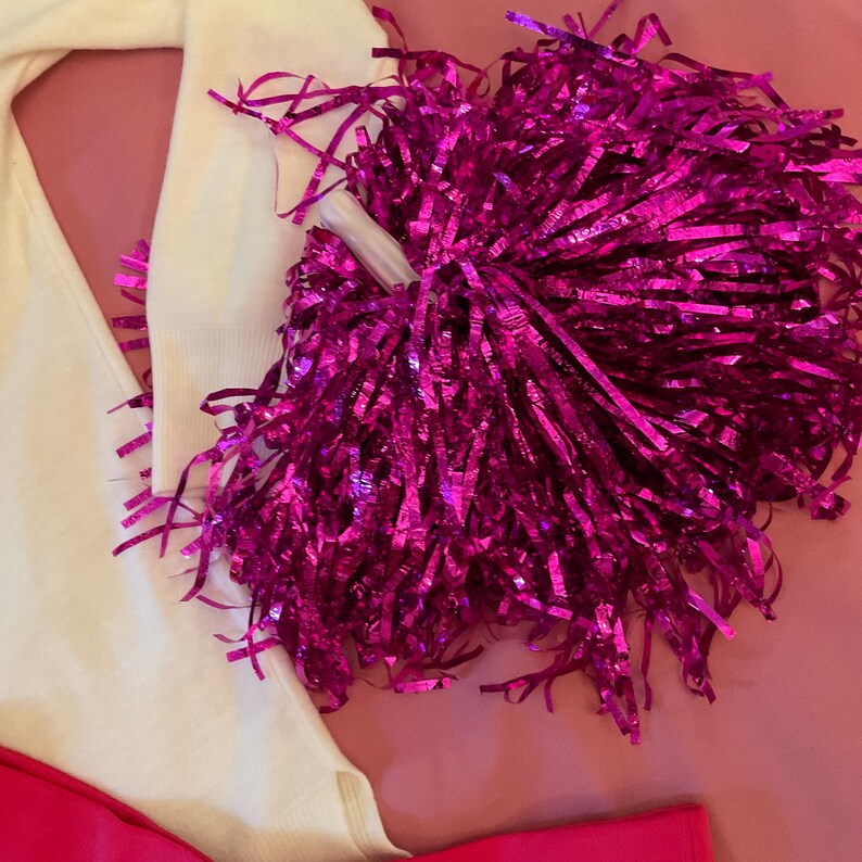 Upcycled Cheerleader Costume: Pink Skirt, White Sweater, Pom Poms ...