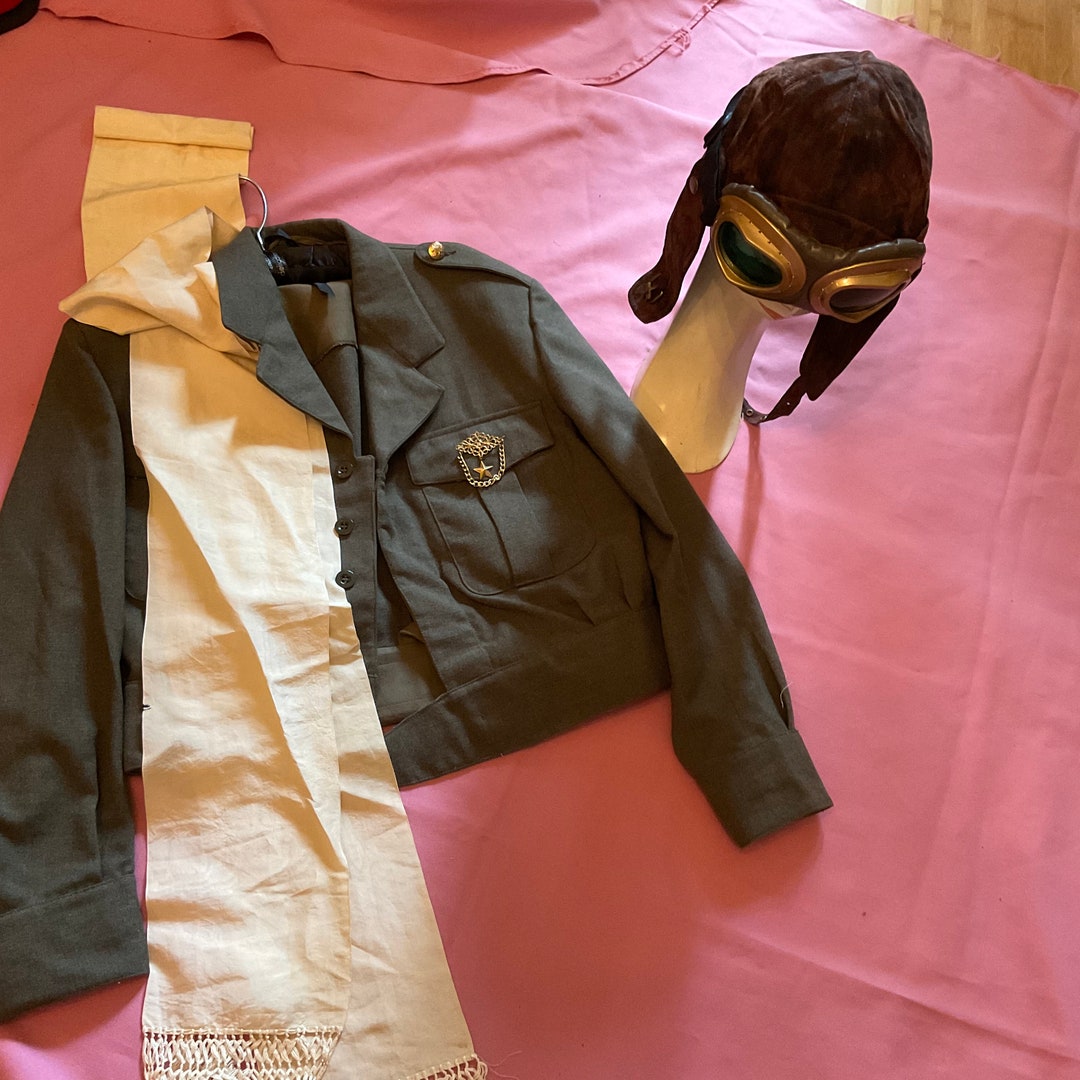 WWI Aviator Pilot Olive Wool Jacket Hat Goggles Vintage Scarf Mens Sz ...