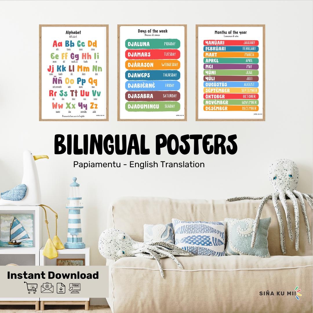 Set of 6 Educational Bilingual Wall Art, Papiamentu and English ...