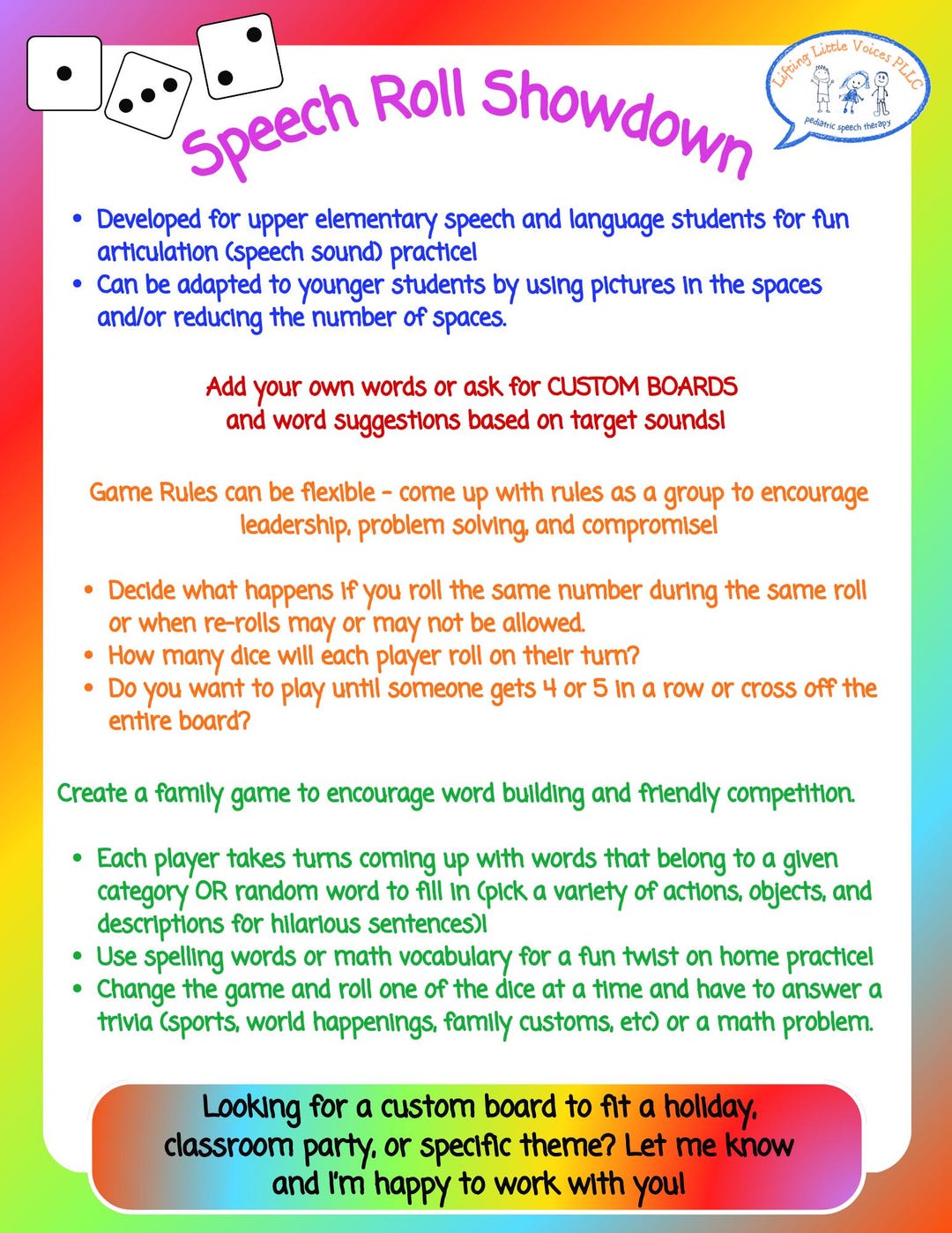 Customized Dice Game for Vocabulary or Speech Practice (4 Game Sheets ...