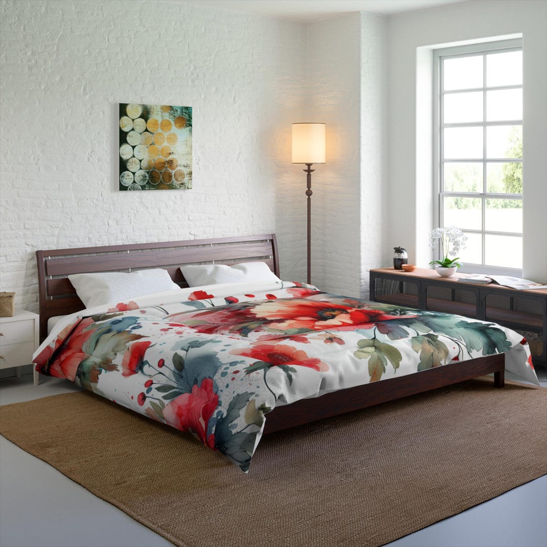 Red Flowers Comforter, Floral Duvet Cover, White Bedspread, Botanical ...