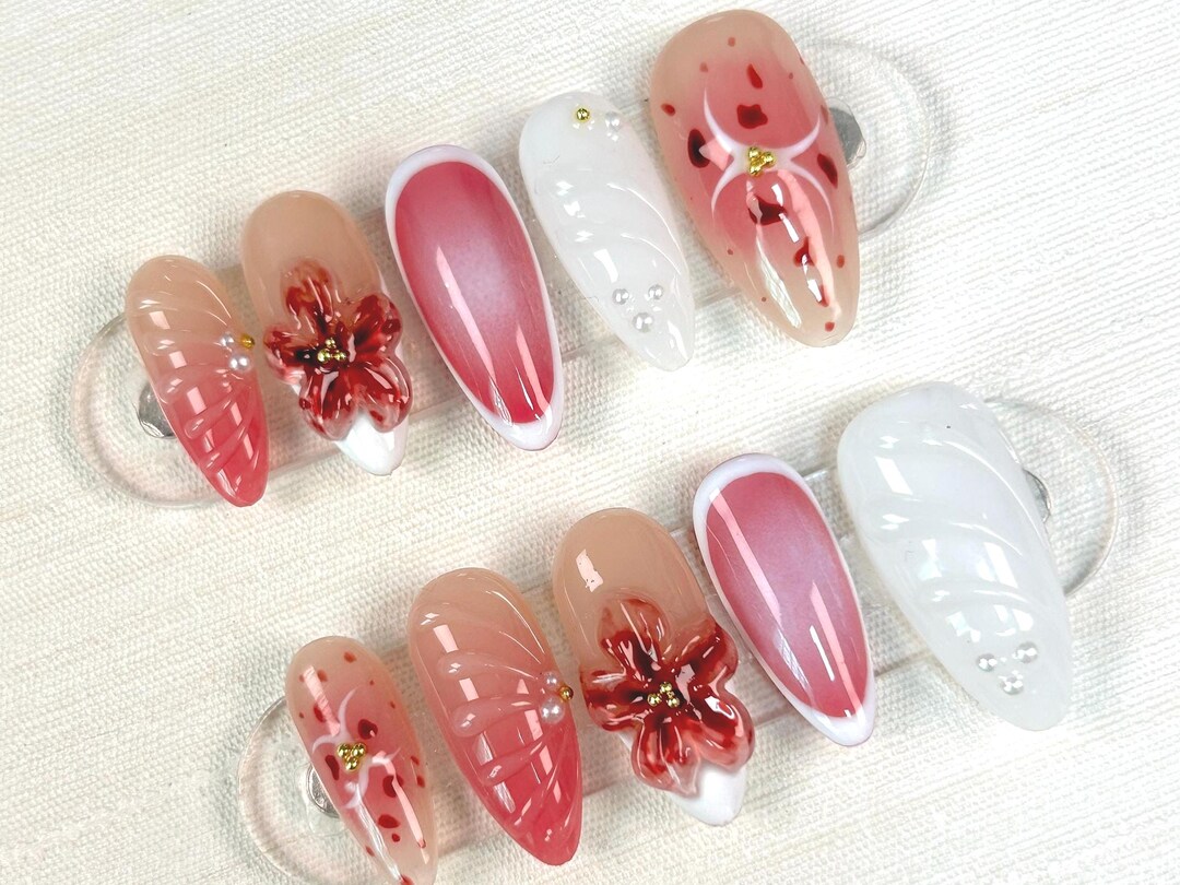 Sakura Pink Romantic Nails, Pink and White Gradient Nails, 3D Hand ...