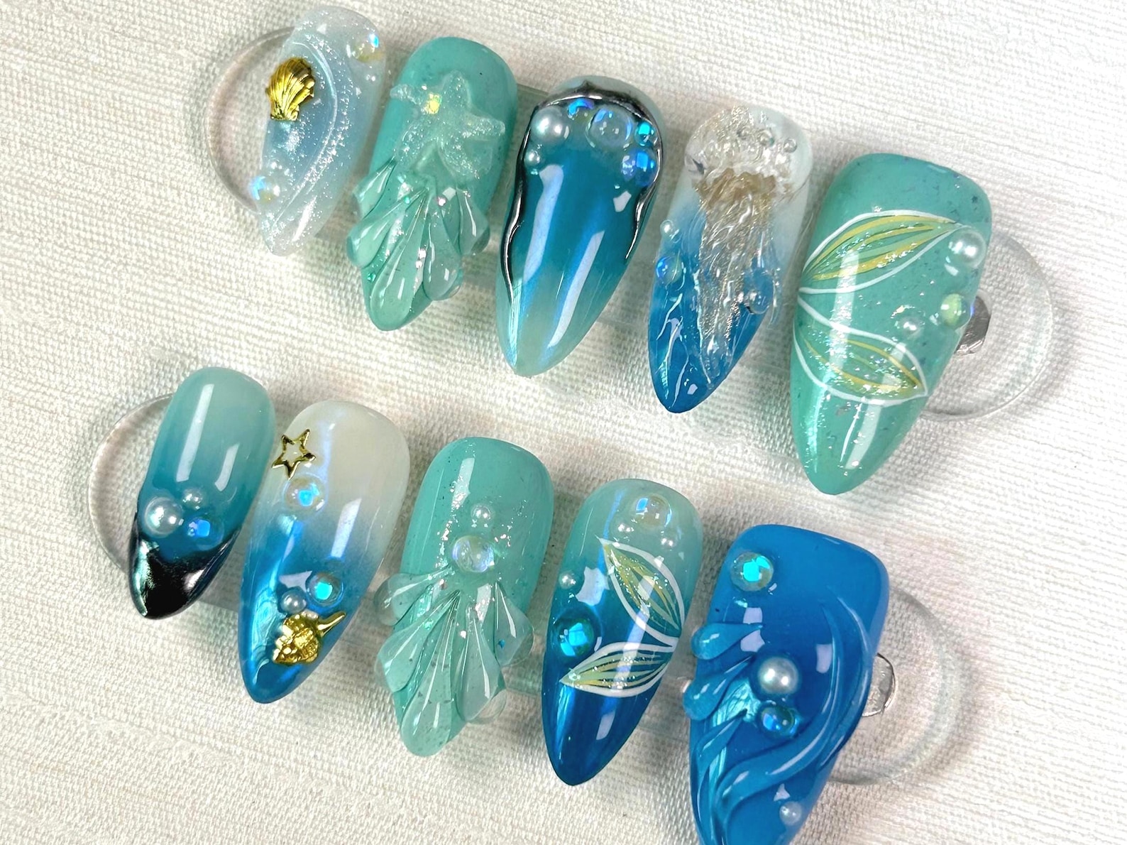 Ocean Bloom Nails, 3D Jellyfish Starfish Shell Nails, Blue-green ...