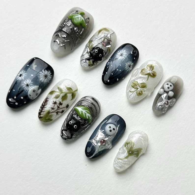 Dreamy Totoro Nails/totoro Press on Nails/hand Painted Nails/deep Blue ...