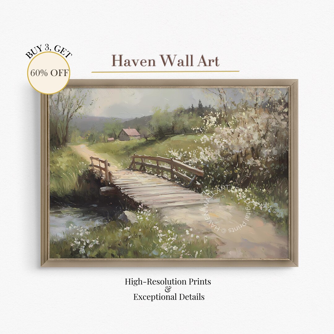Rustic Summer Bridge | Cottagecore Landscape Painting | Vintage ...
