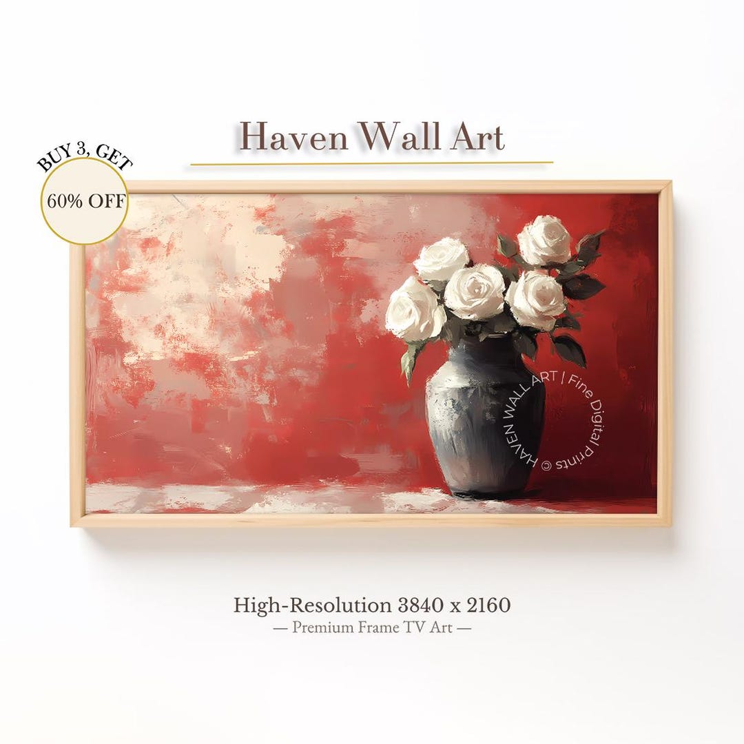 Vintage Red Wall Rose Vase Painting, Floral Frame TV Art, Spring Still ...