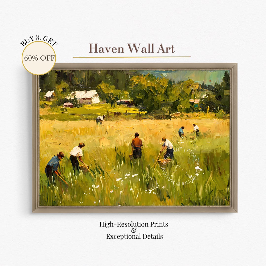 Vintage Farm Harvest Scene Printable Art - Rural Countryside Workers ...