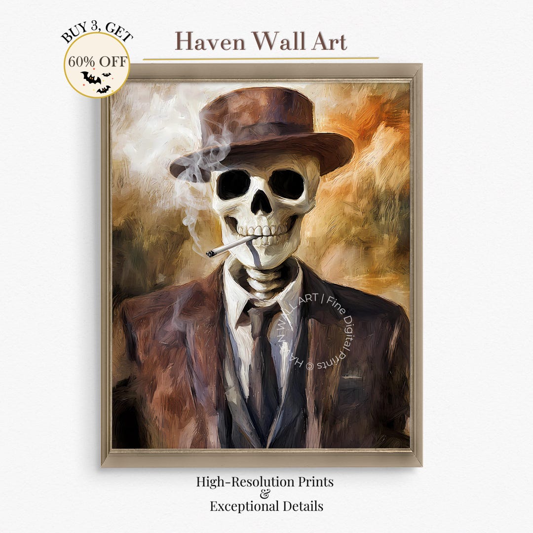 Smoking Skeleton in Rust Suit | Vintage Halloween Wall Art | Spooky ...