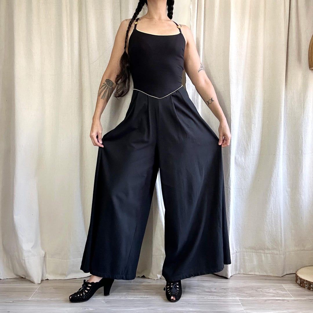 80s Black Gold Palazzo Pant Wide Leg Jumpsuit S - Etsy
