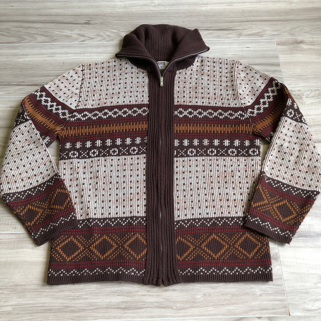 Vintage 60s/70s Brown Geometric Pattern Nordic Look Zip Front Cowl Neck ...