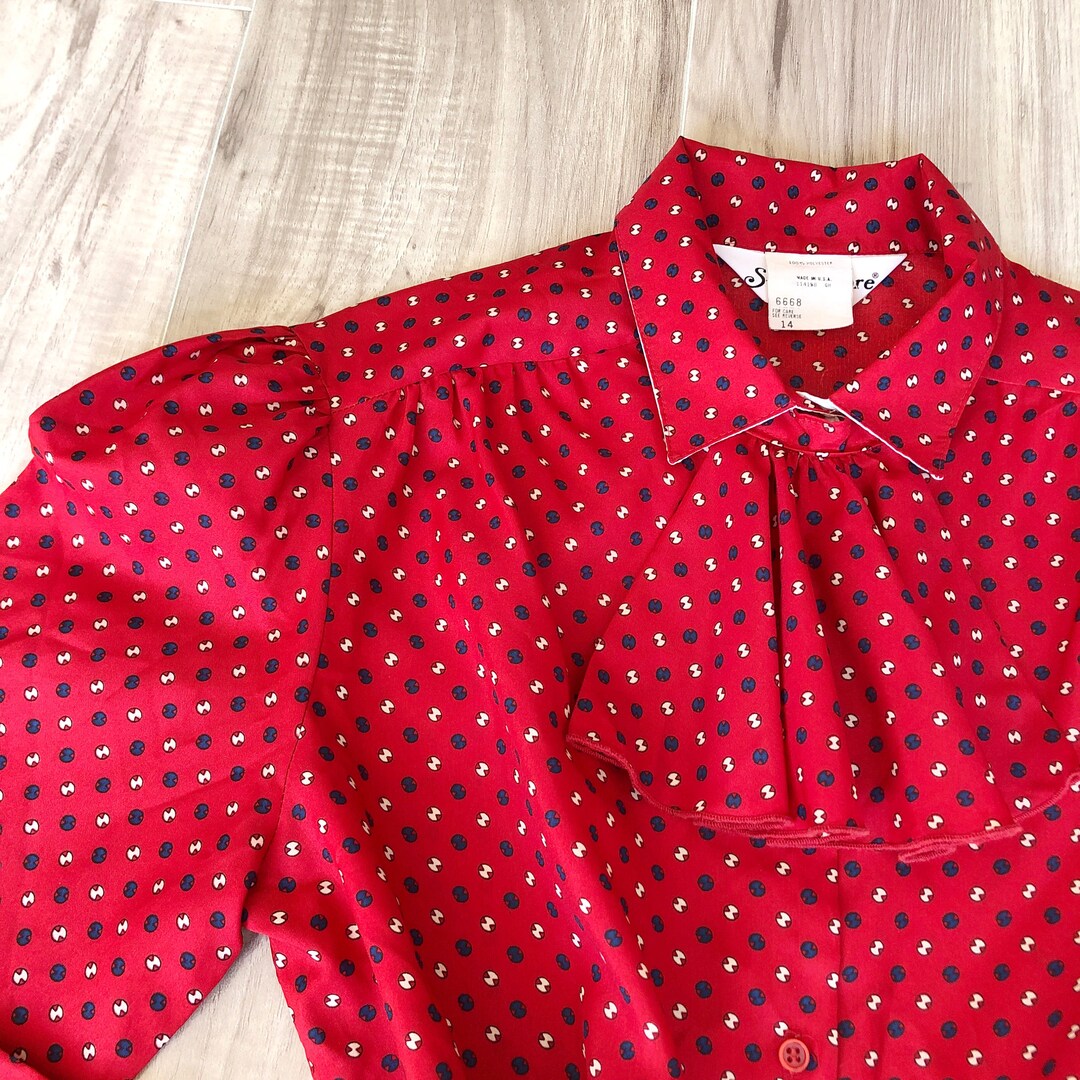 70s Red Foulard Print Ruffle Ascot Secretary Blouse S M - Etsy