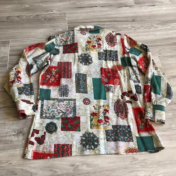 Vintage 70s Patchwork Print Dagger Collar Top S - Gem