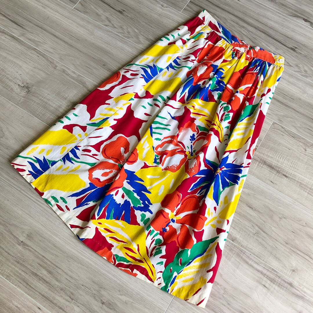 80s Tropical Bold Print Cotton A-line Midi Skirt Pockets XS - Etsy