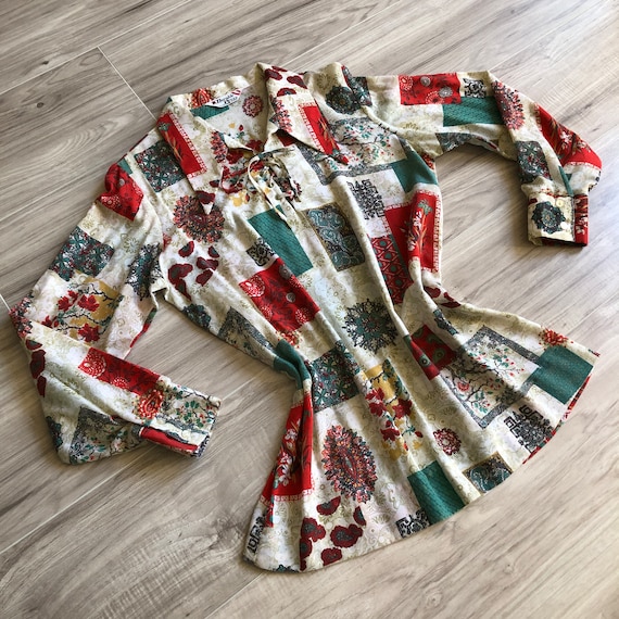 Vintage 70s Patchwork Print Dagger Collar Top S - Gem