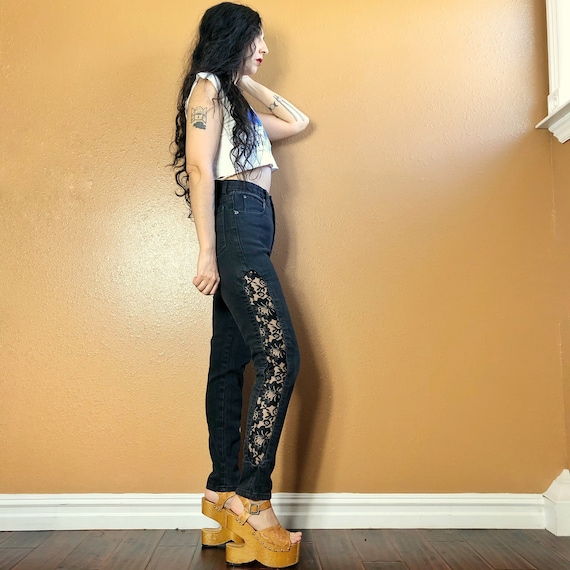 80s RARE Black Denim High Waist Lace Cutout Jeans S | Etsy