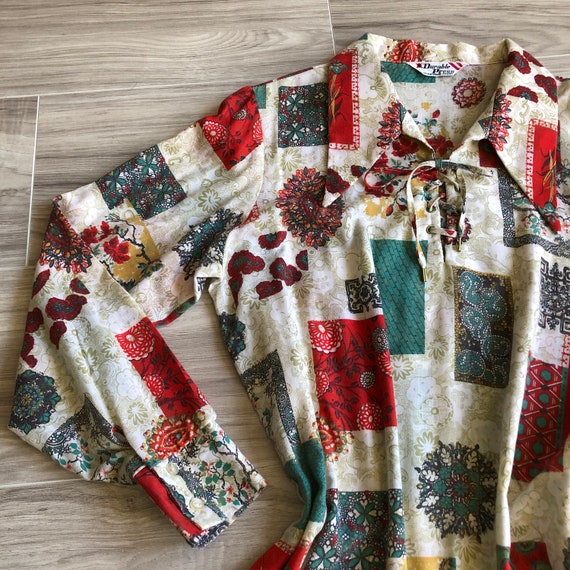 Vintage 70s Patchwork Print Dagger Collar Top S - Gem