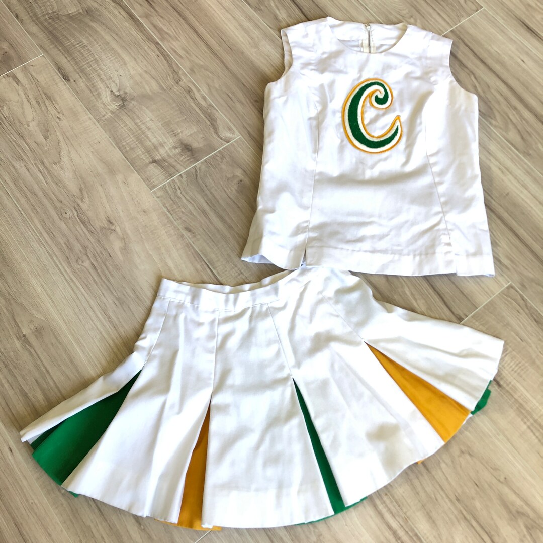 60s Cheer Uniform Set Chenille Letter Top Pleated Peek-a-boo Mini Skirt ...