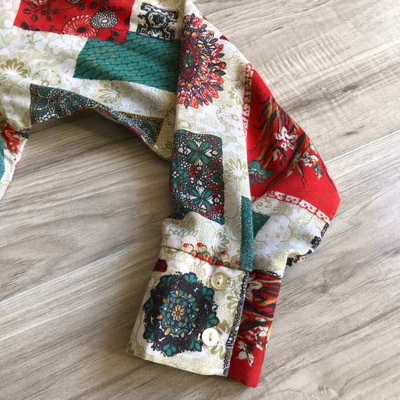 Vintage 70s Patchwork Print Dagger Collar Top S - Gem